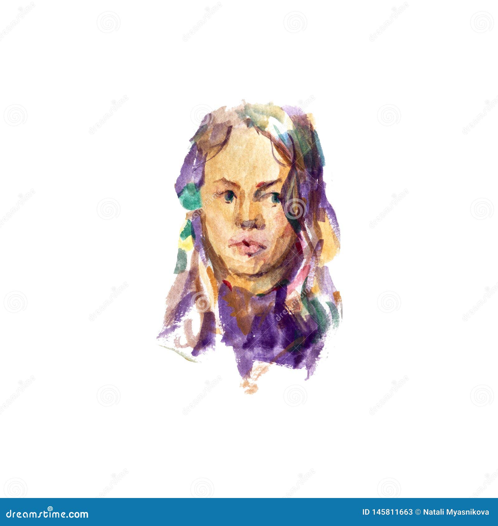 Beautiful Woman Face Portrait Watercolor Drawing In Freehand Sketch