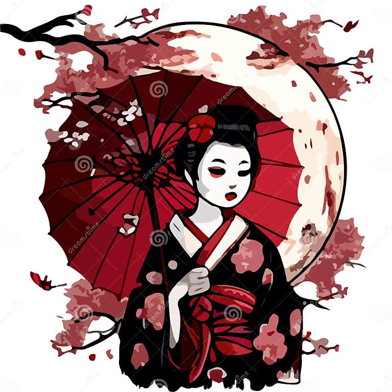 Desenho De Uma Garota Japonesa Em Um Quimono Com Um Guarda Chuva Sobre Um Fundo De Sakura Para