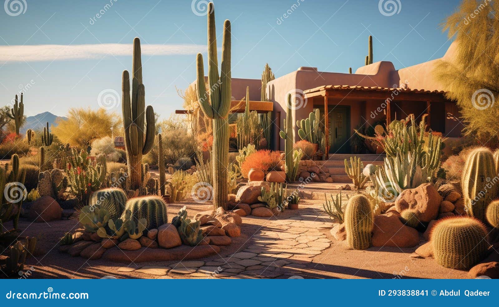 A Desert Adobe House with Cacti in the Front Yard Under a Blazing Sun ...