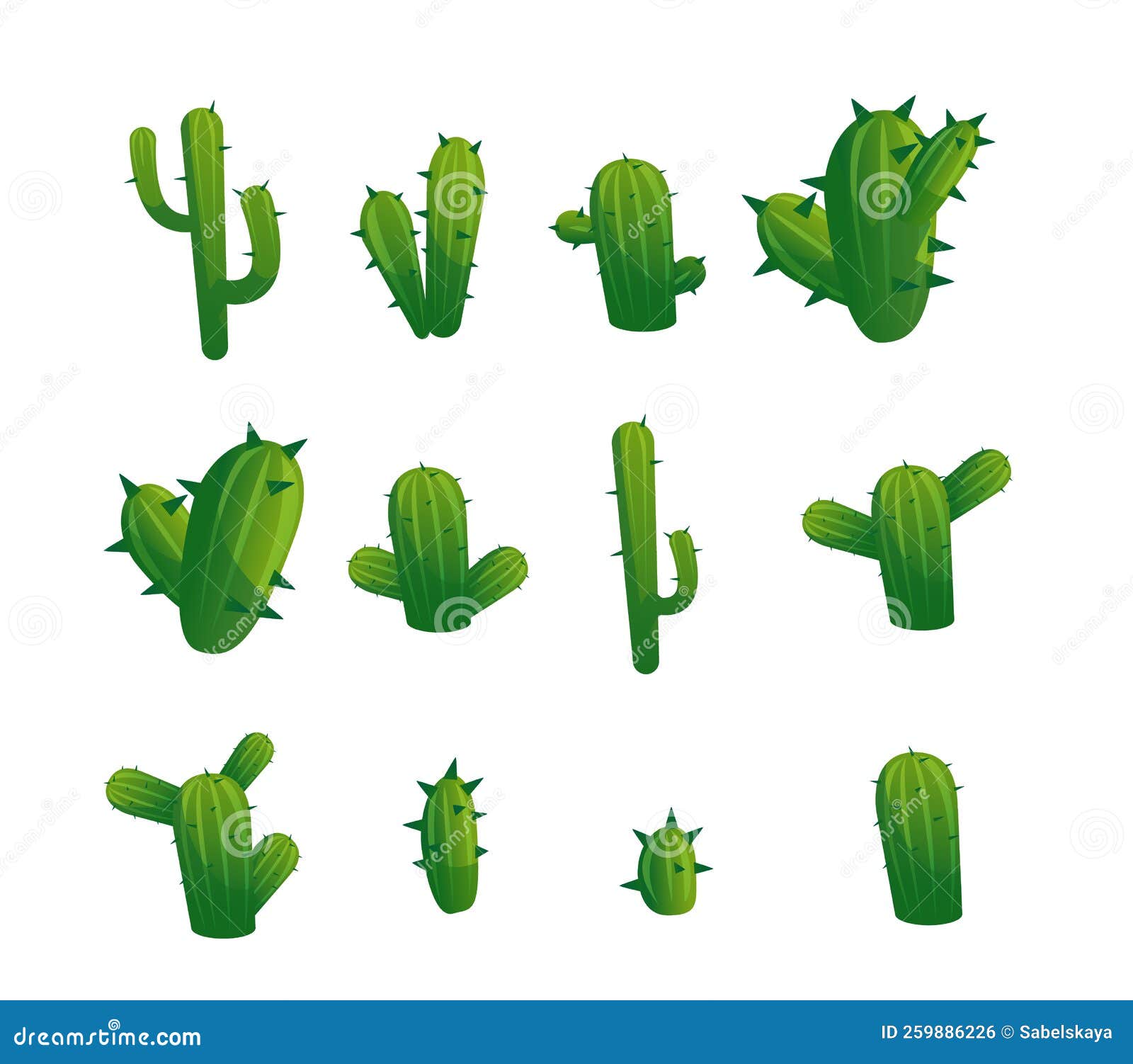 Desert Cacti Plants Decorative Elements Flat Vector Illustration