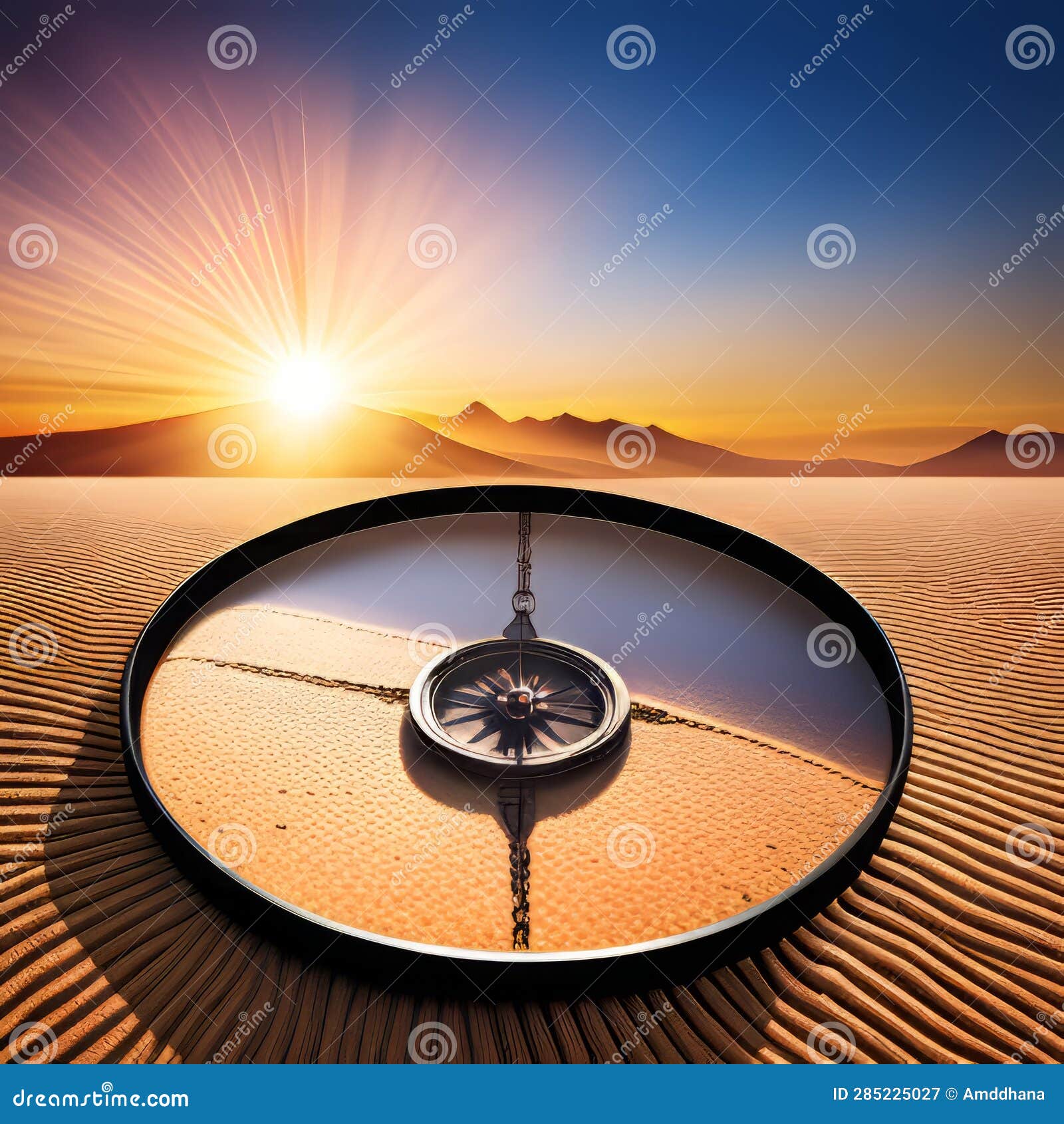 Desert with Compass in Sand in Sunny Background Stock Image - Image of ...