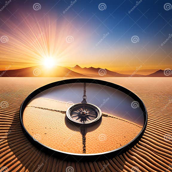 Desert with Compass in Sand in Sunny Background Stock Image - Image of ...