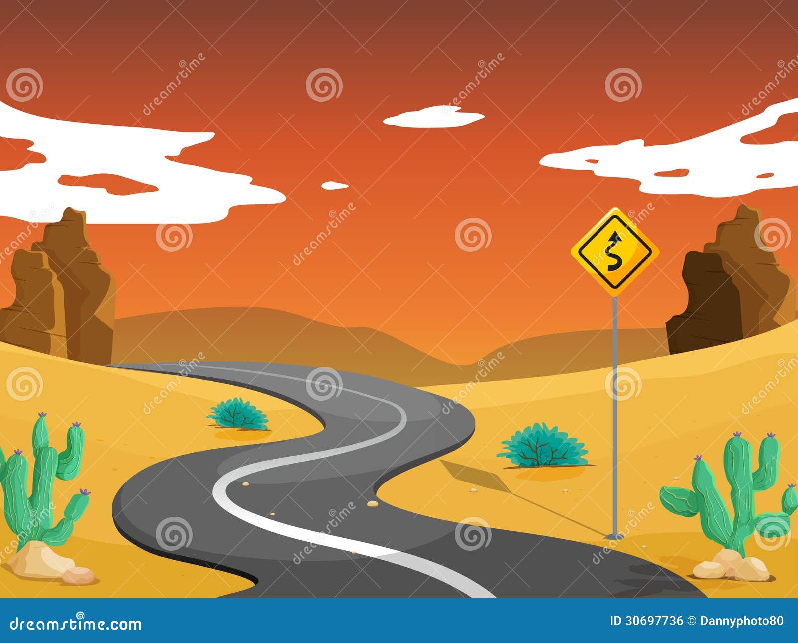 A desert with a curve road stock vector. Illustration of route - 30697736
