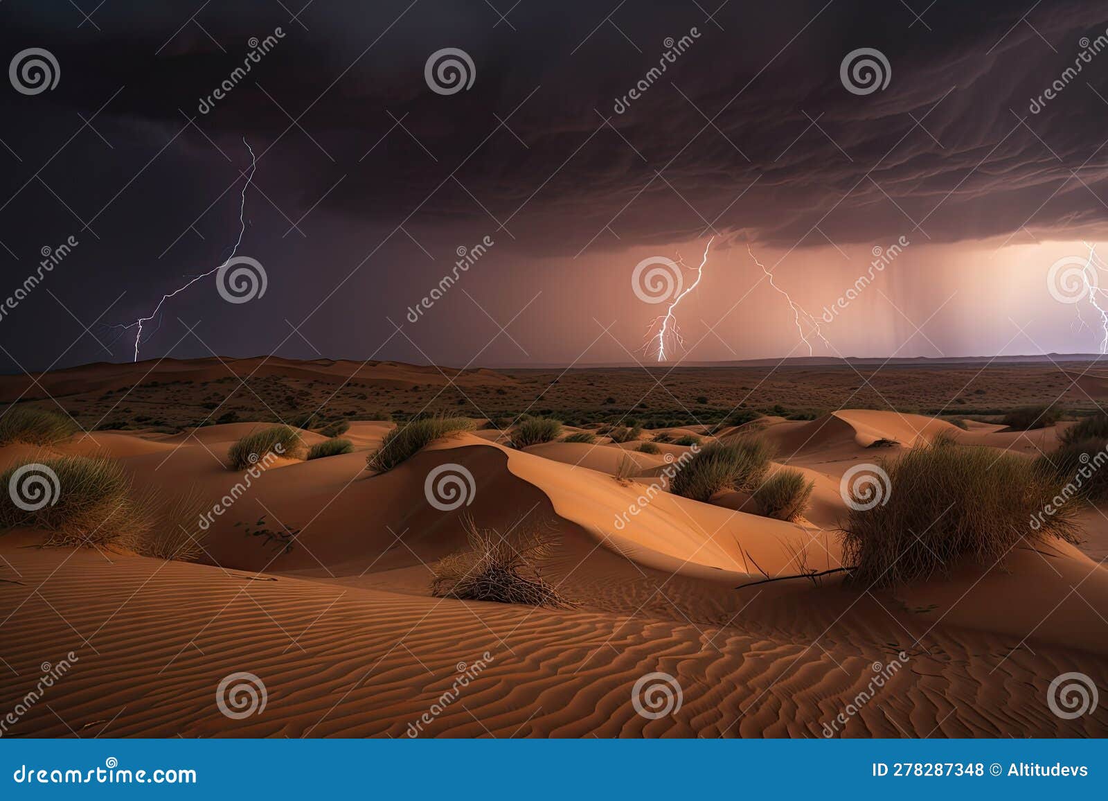 Desert Dunes Rolling Past Thunderstorm, with Lightning Bolts Striking ...