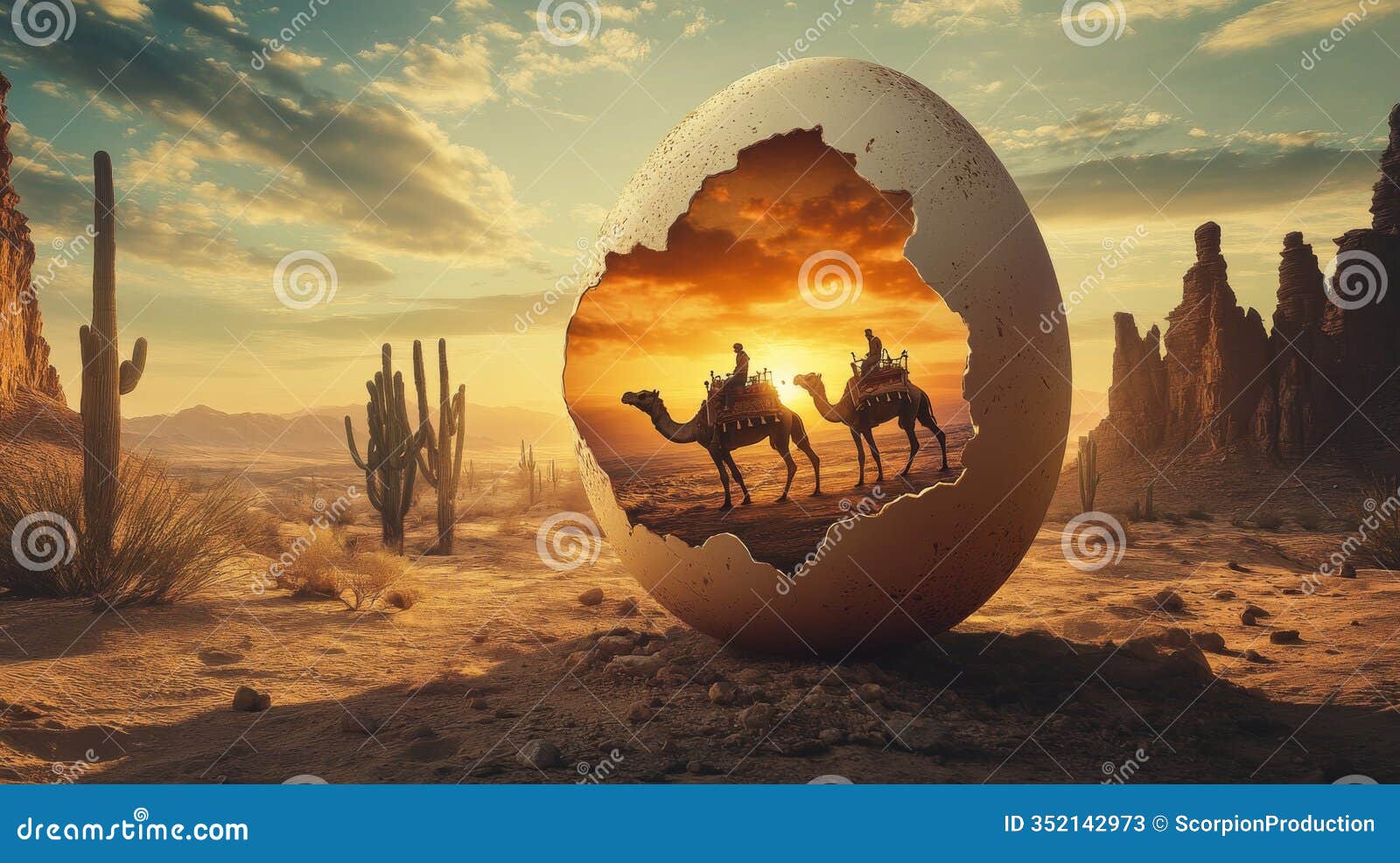 Desert Egg with Camel Caravan Inside Surreal Scene Stock Image - Image ...