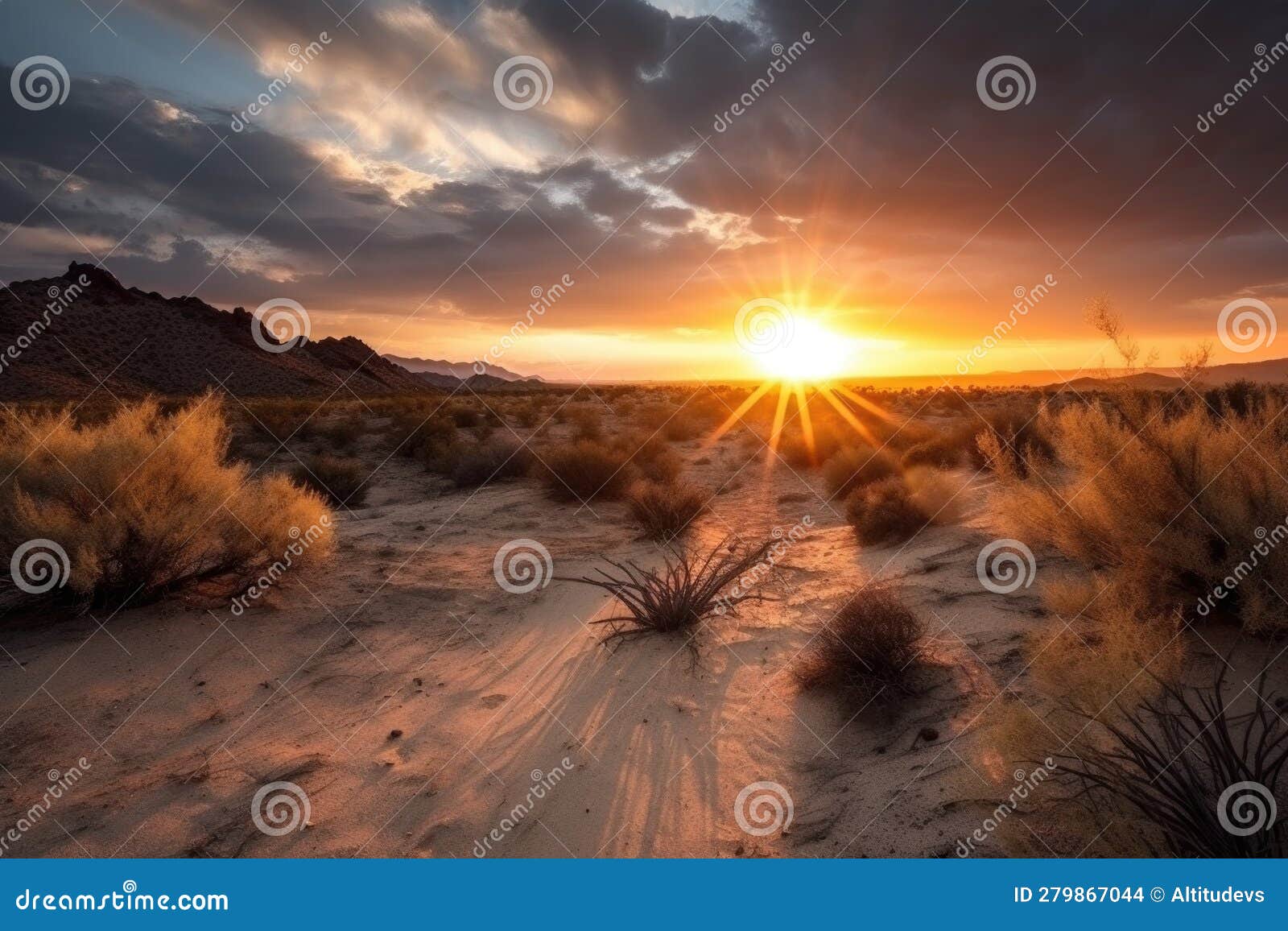 Desert Landscape with Dramatic Sunrise and Cloud Formation Stock ...