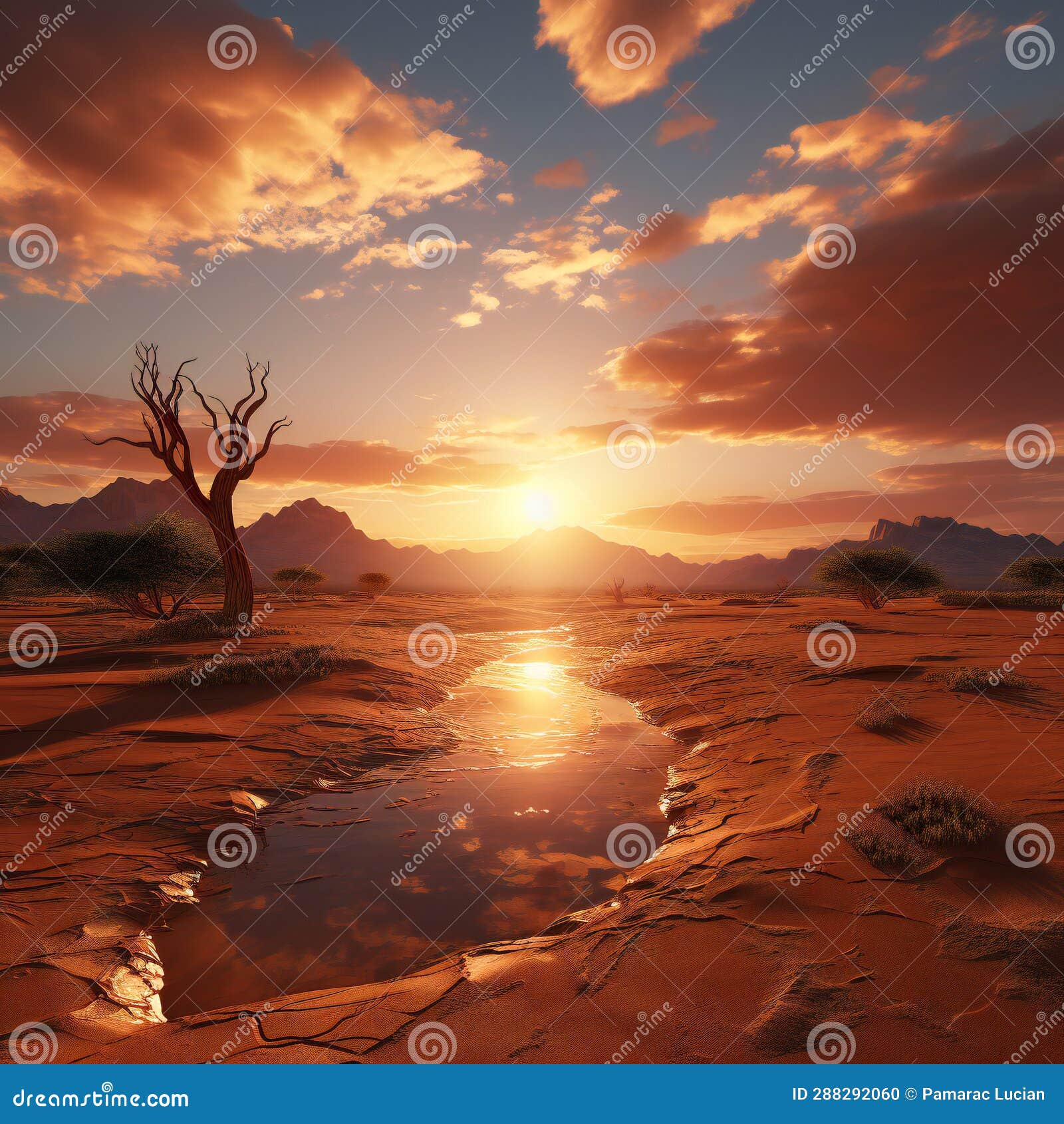 Desert Landscape with a Dry Tree at Sunset. 3d Render Stock ...