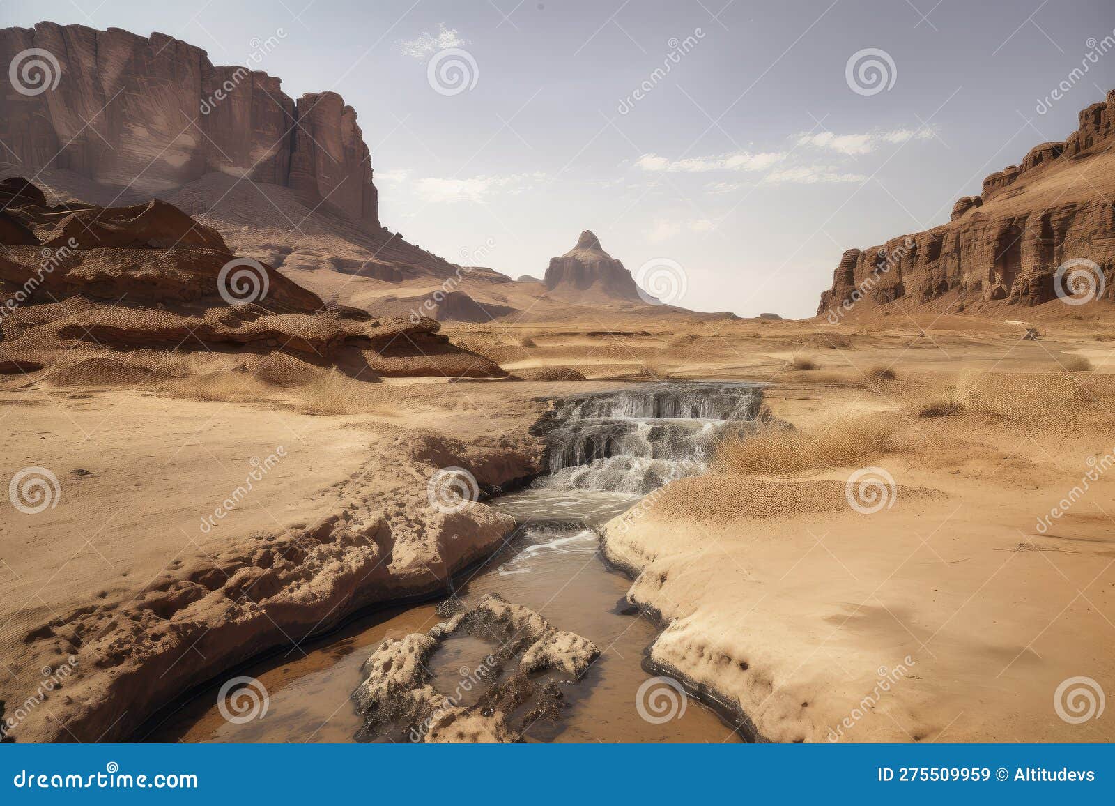 Desert Landscape with Mirage of Towering Waterfall in the Distance ...