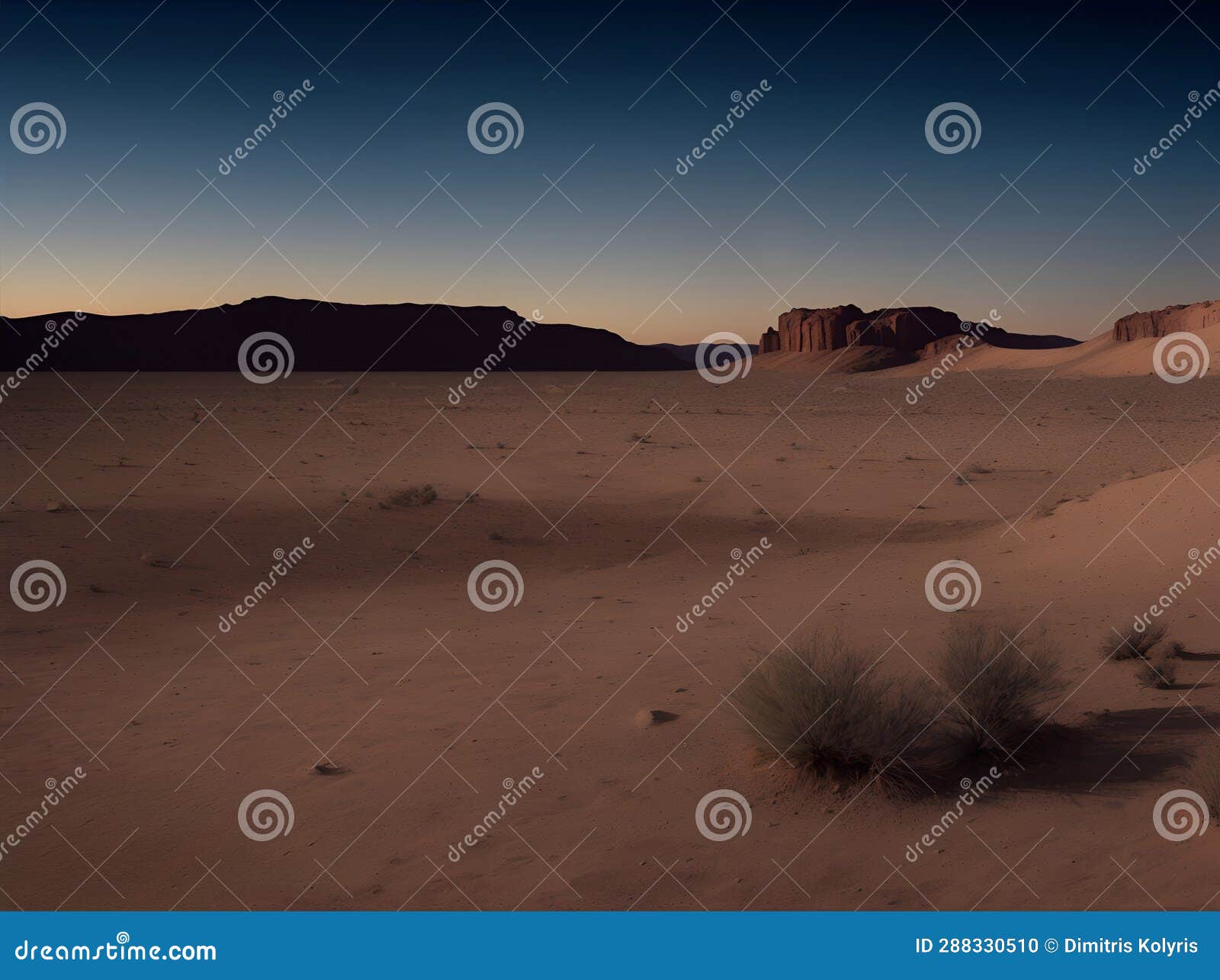 Desert Landscape at Night Shrubs on Sand and Dark Distant Hills Stock ...