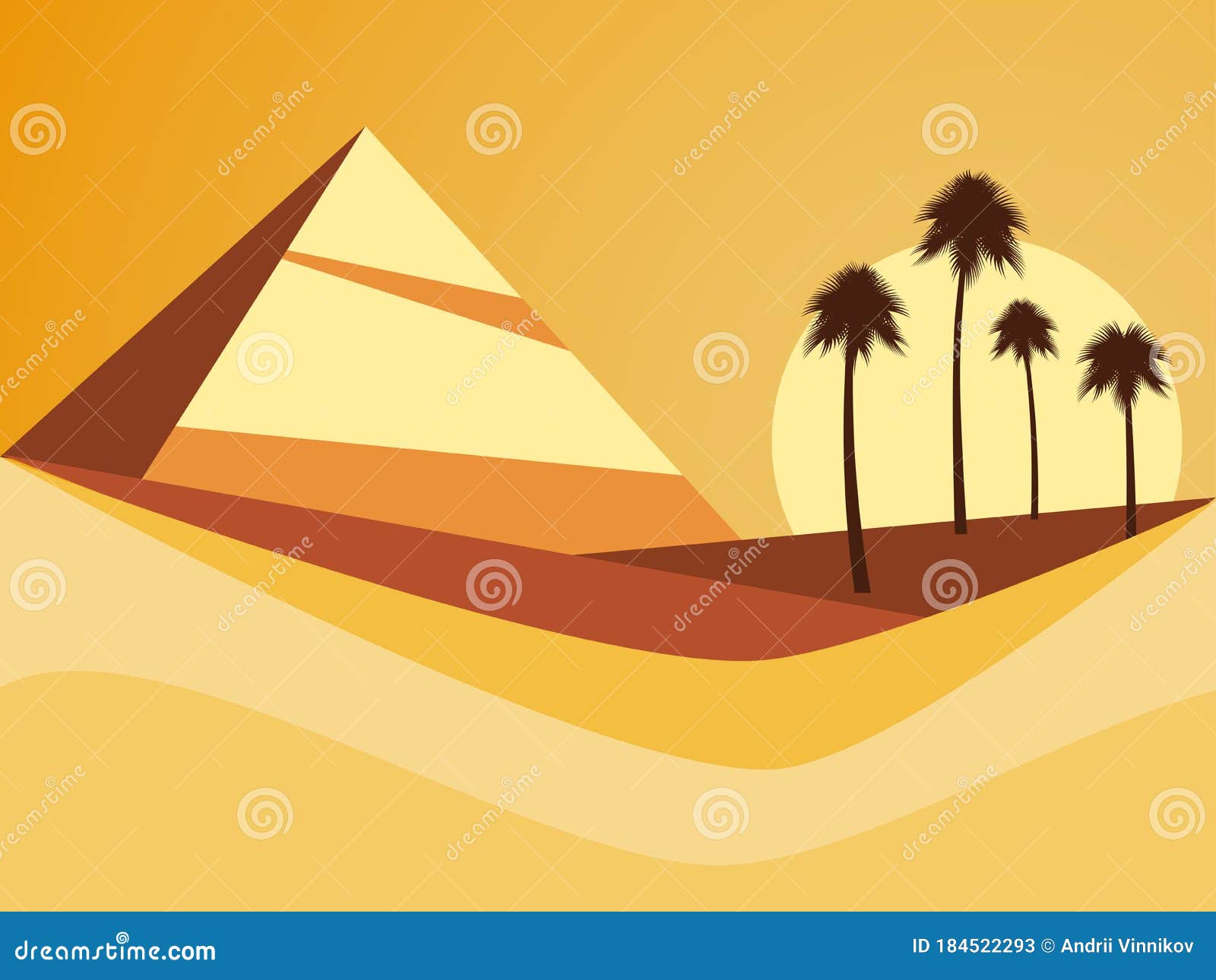 Desert Landscape with a Pyramid and Palm Trees. Desert with Dunes in ...