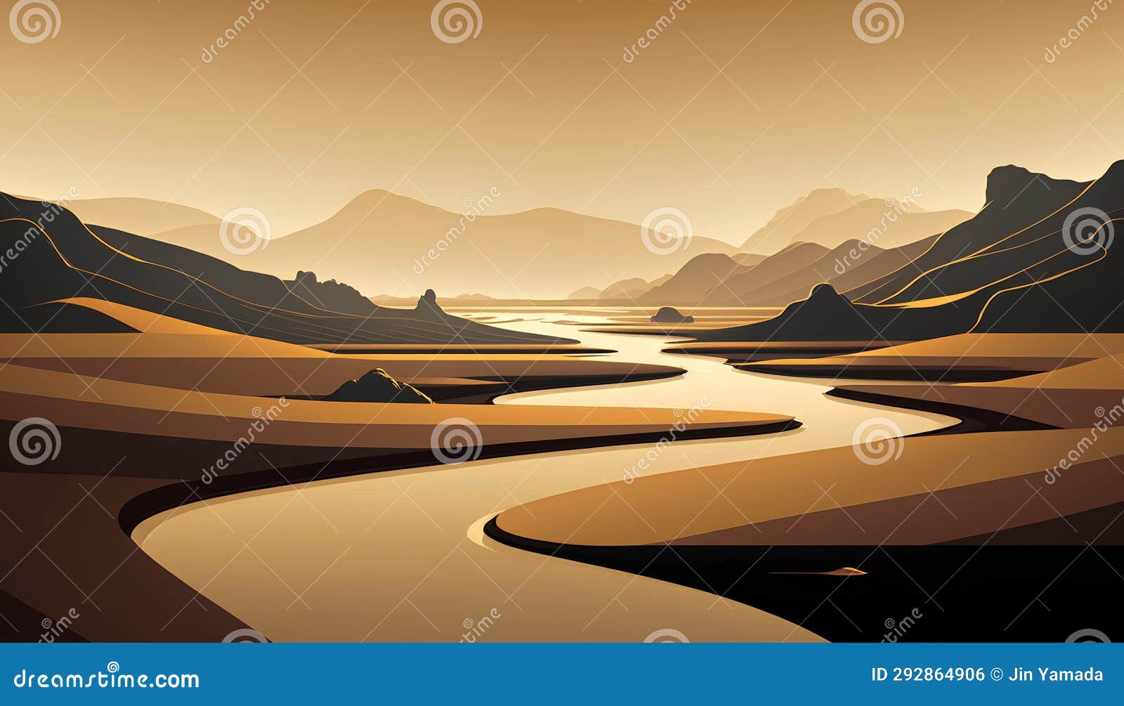 Desert Landscape with River and Mountains in the Background, Vector ...