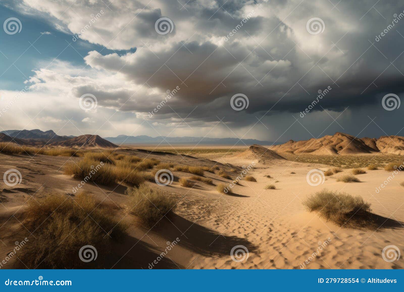 Desert Landscape with Rolling Dunes and Distant Storm Clouds Stock ...