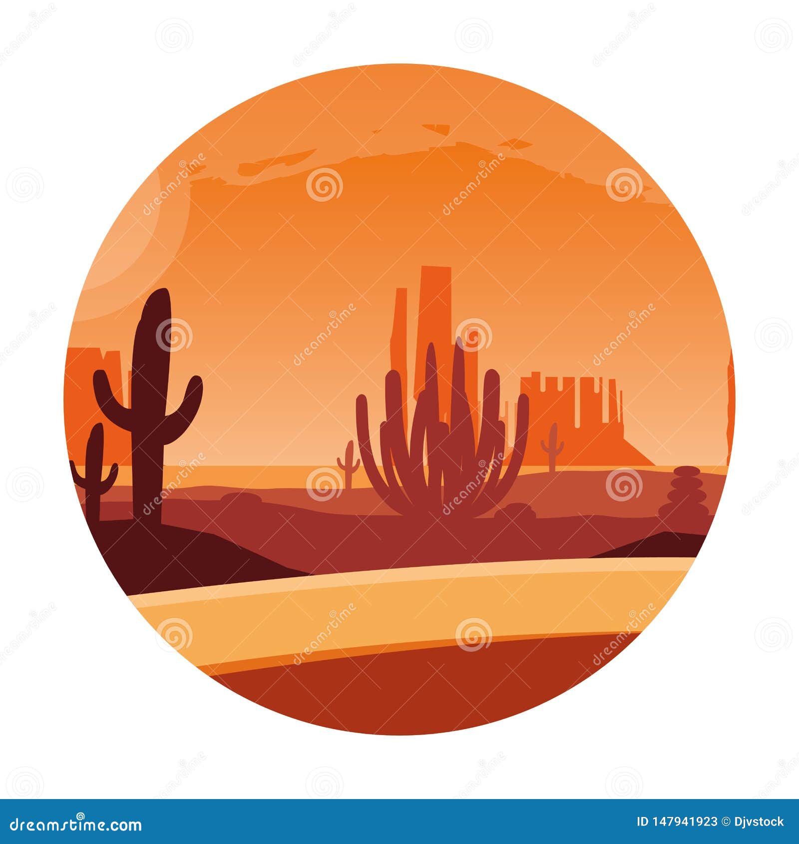 Desert Landscape Scene in Frame Circular Stock Illustration ...