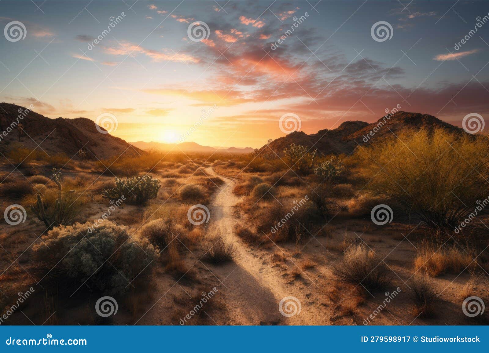 Desert Landscape with the Setting Sun, Showcasing a Vibrant and ...