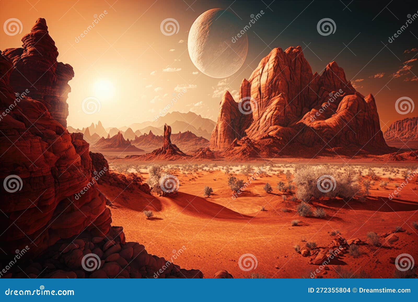 Desert Landscape with Sun and Red Rock Formations Stock Illustration ...