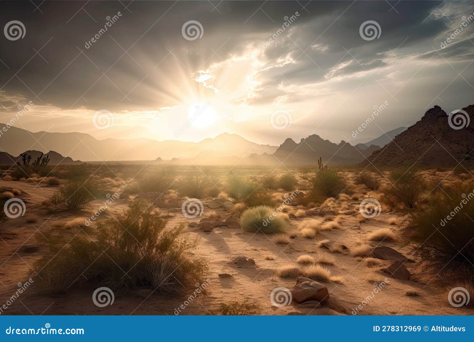 Desert Landscape with Suns Rays Piercing through the Clouds and Illuminating the Sky Stock ...