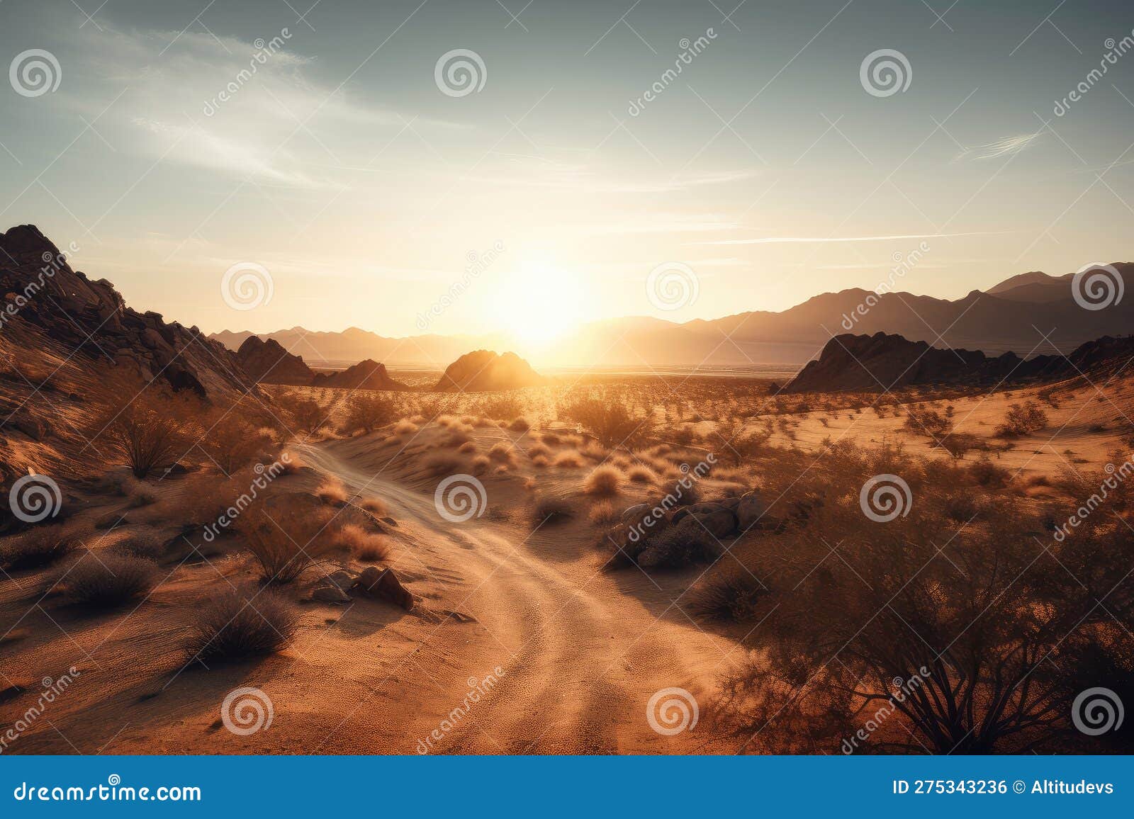 Desert Landscape at Sunset, with the Sun Setting Behind a Distant ...