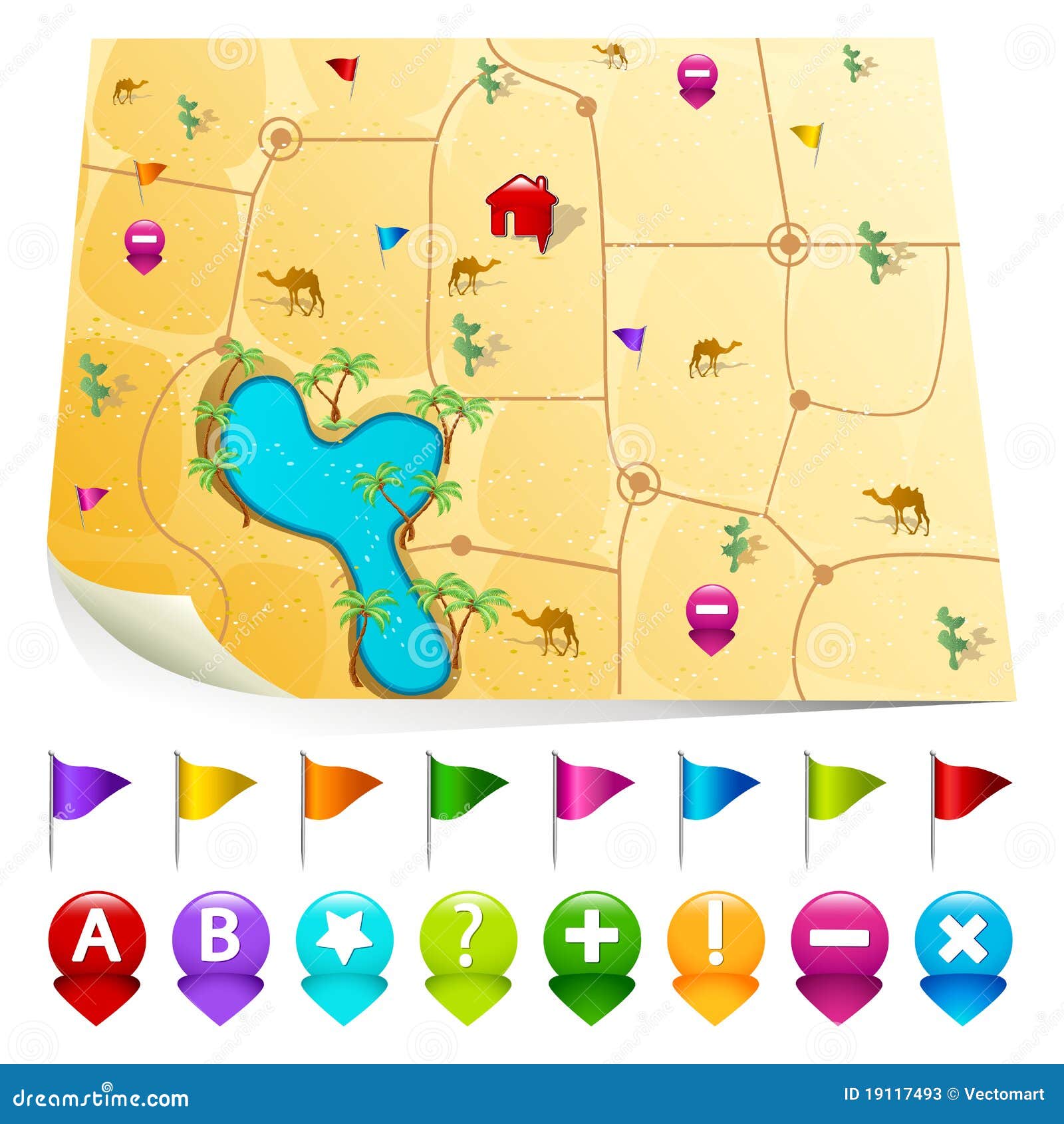 Desert Map with GPS icons stock vector. Illustration of oasis - 19117493