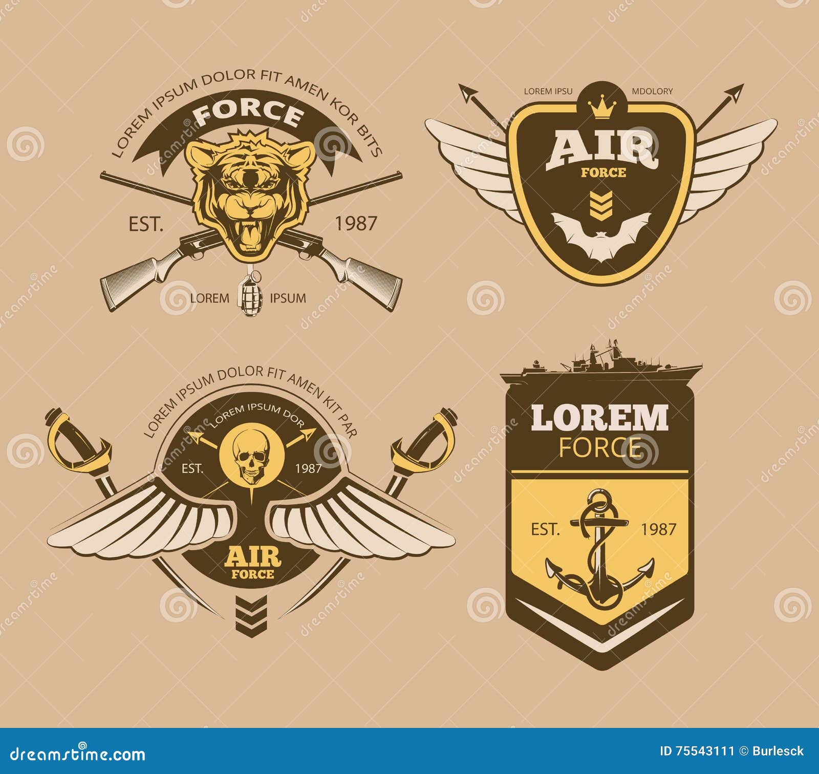 Air Force Labels. Vintage Army Badges Military Symbols Eagle Wings And ...