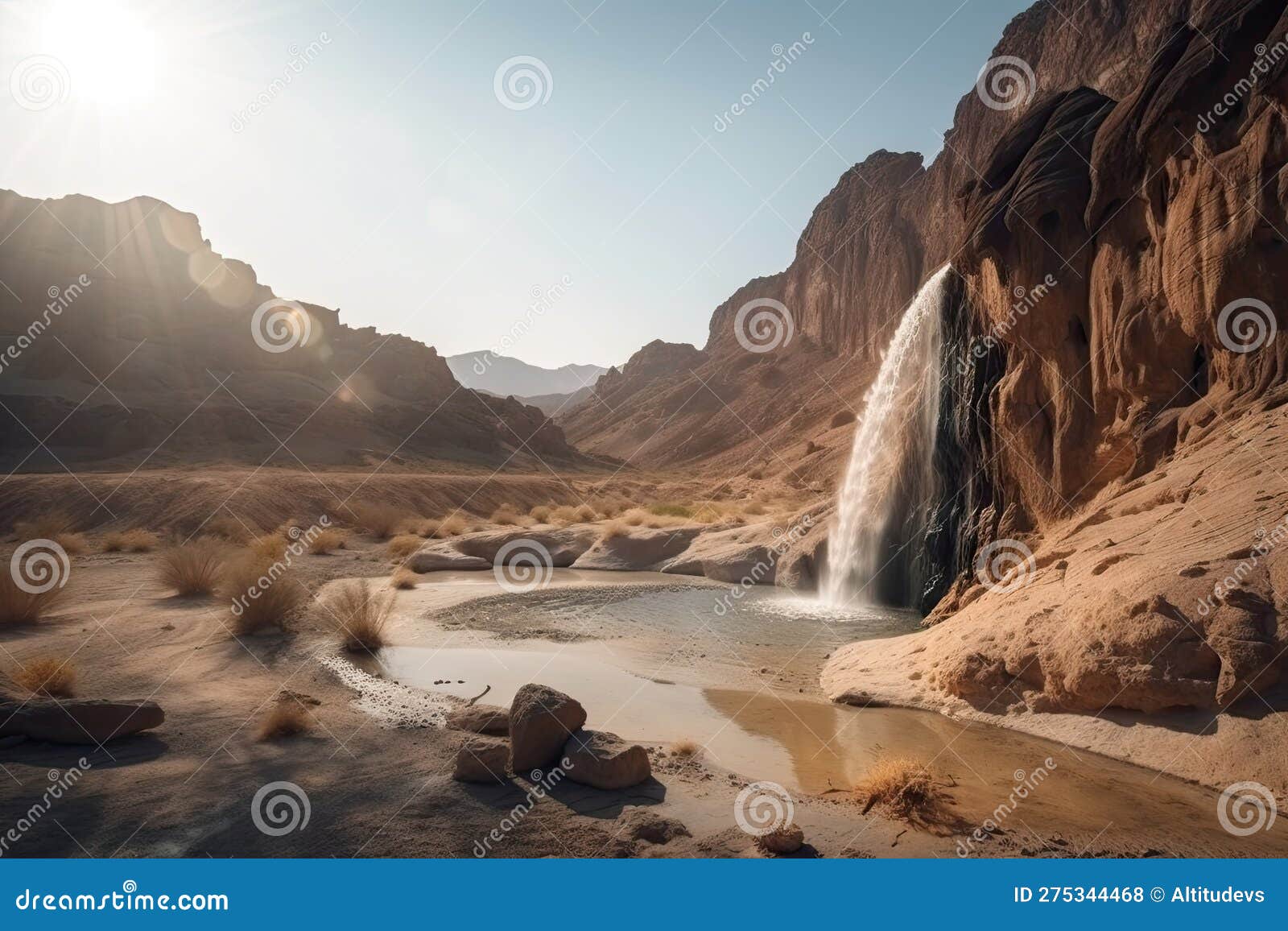 Desert Mirage of Towering Waterfall in the Middle of the Desert Stock ...