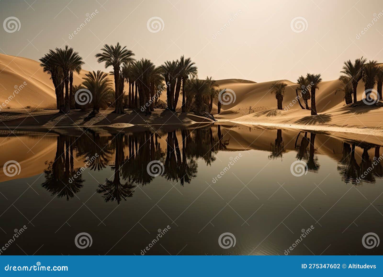 Desert Mirage of Water Reflection and Palm Trees, with Reality Being ...