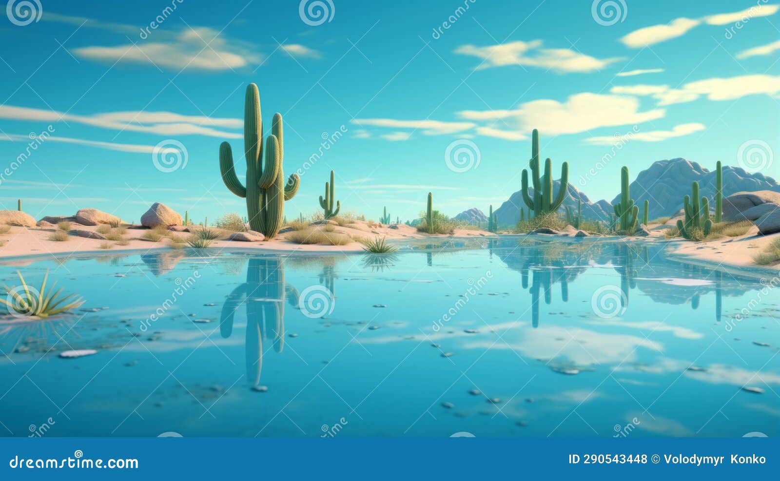 A Desert Oasis with Cactus and Rocks Surrounding a Serene Pool of Water ...
