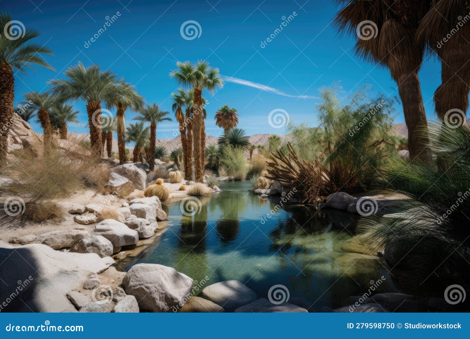 Desert Oasis with Clear Blue Sky and Palm Trees in the Background Stock ...