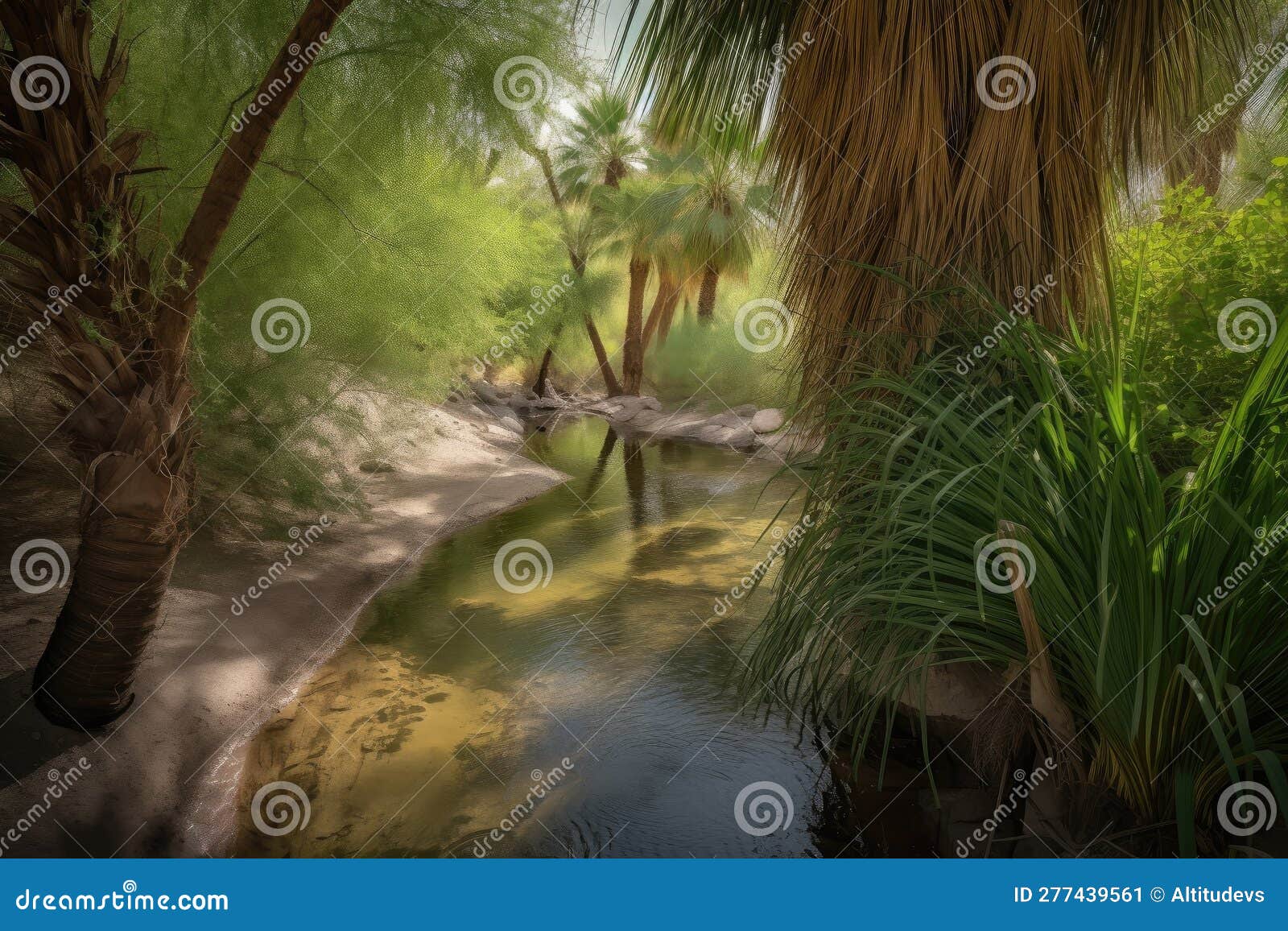 Desert Oasis with Flowing Stream and Lush Foliage Stock Image - Image ...