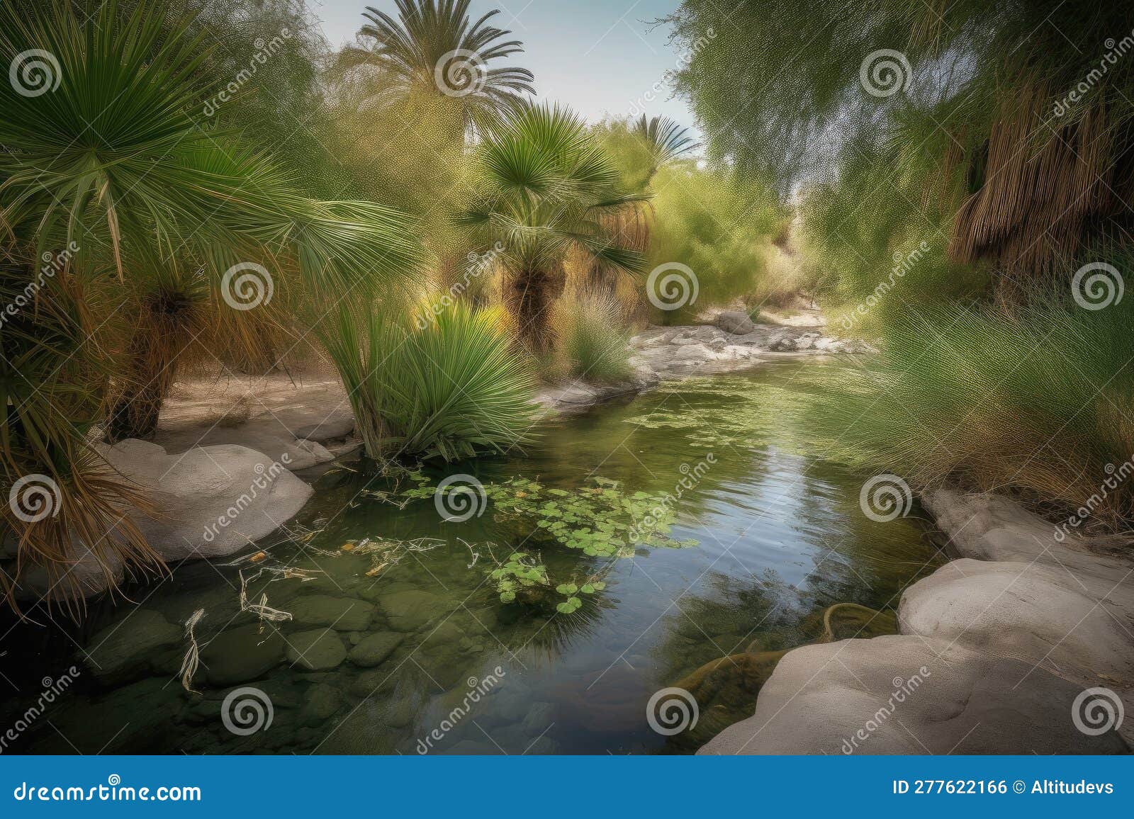 Desert Oasis with Flowing Stream and Lush Foliage Stock Illustration ...