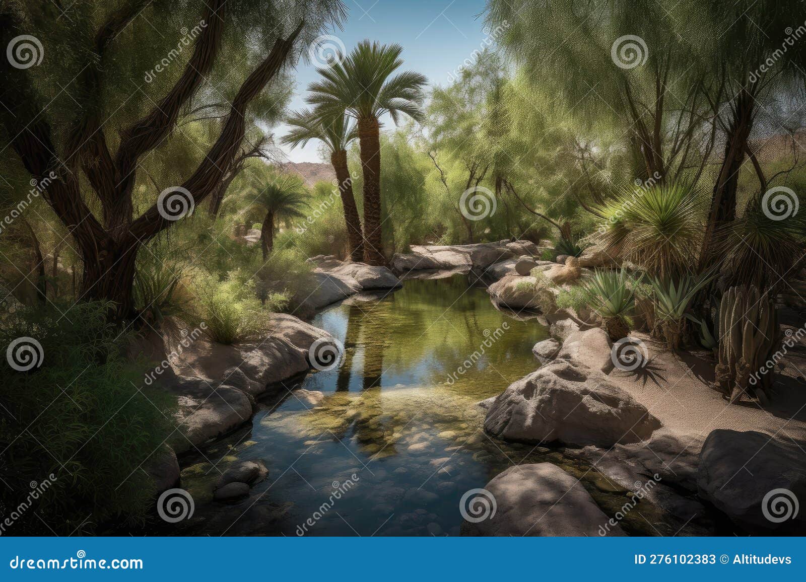 Desert Oasis with Flowing Stream and Lush Greenery Stock Image - Image ...
