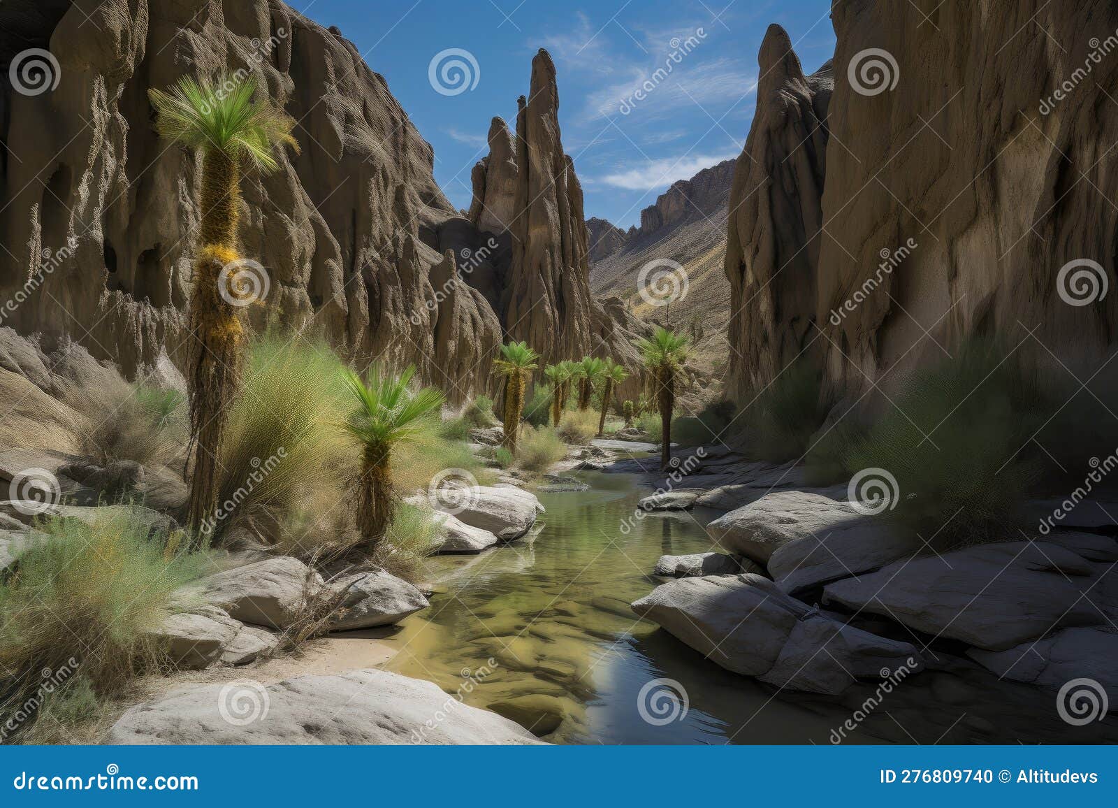 Desert Oasis with Flowing Stream, Surrounded by Towering Rock ...