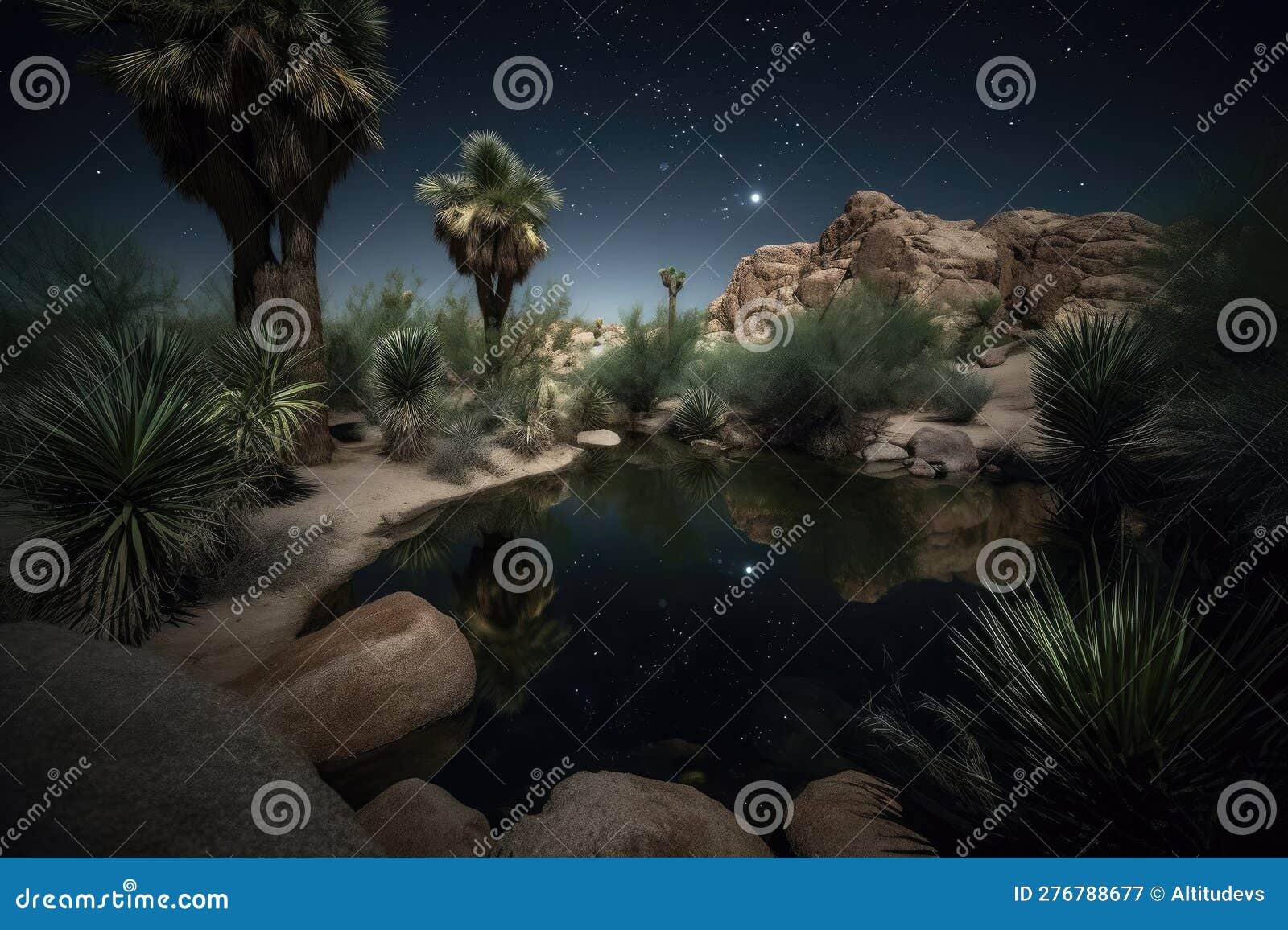 Desert Oasis with Moon and Stars in the Night Sky Stock Illustration ...