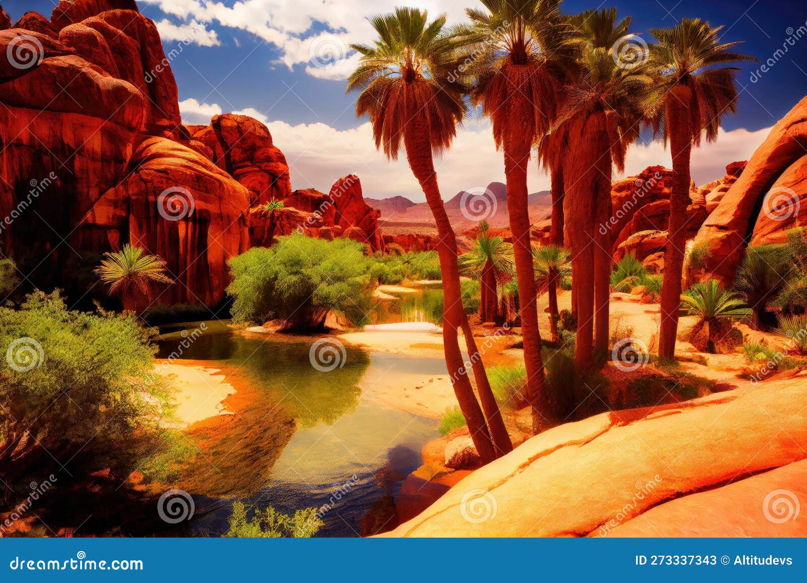 Desert Oasis with Palm Trees and Babbling Brook Surrounded by Towering ... Desert Oasis with Palm Trees and Babbling Brook Surrounded by Towering ...