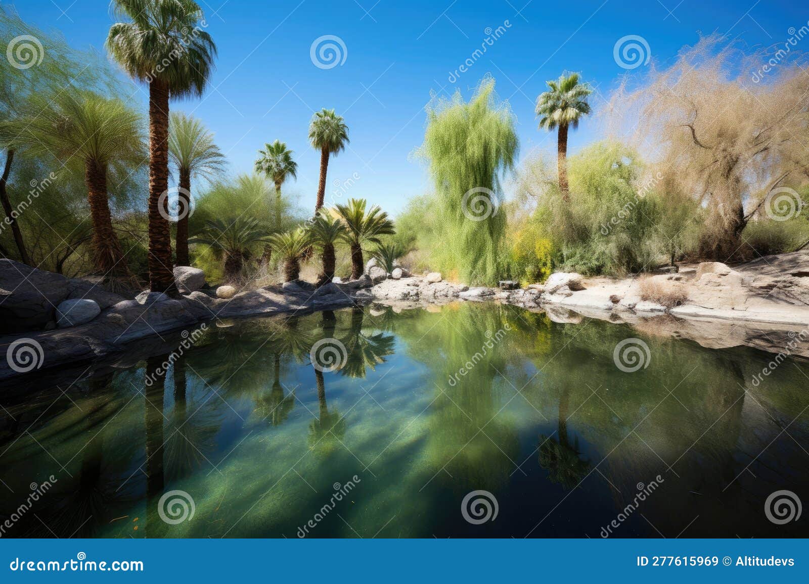 Desert Oasis with Palm Trees and Clear Blue Skies Stock Image - Image ...