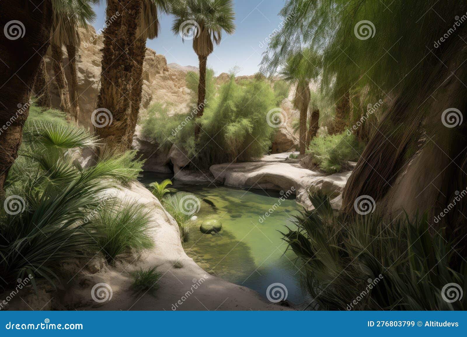 Desert Oasis with Rushing Stream and Waterfall, Surrounded by Lush ...