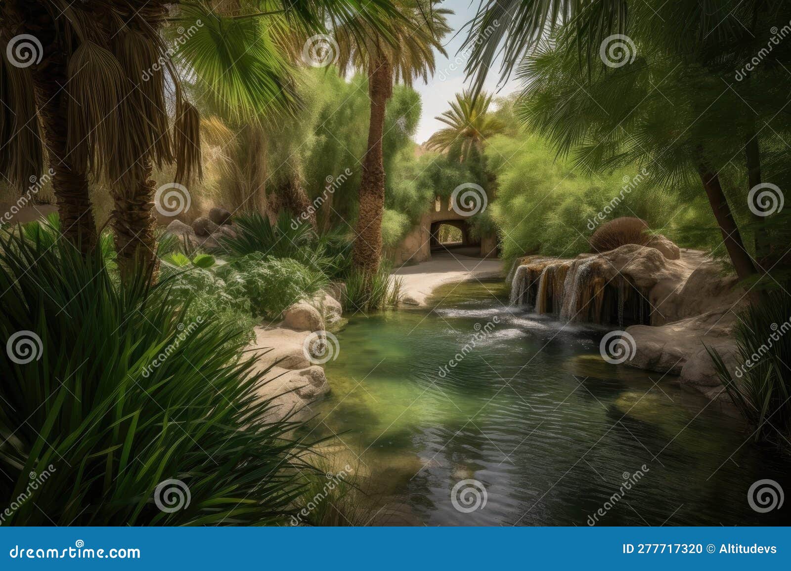 Desert Oasis with Rushing Stream and Waterfall, Surrounded by Lush ...