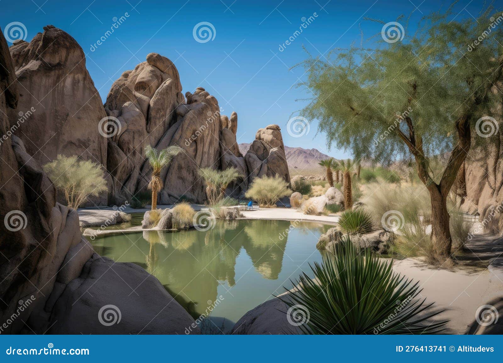 Desert Oasis Surrounded by Towering Rock Formations, with Majestic ...