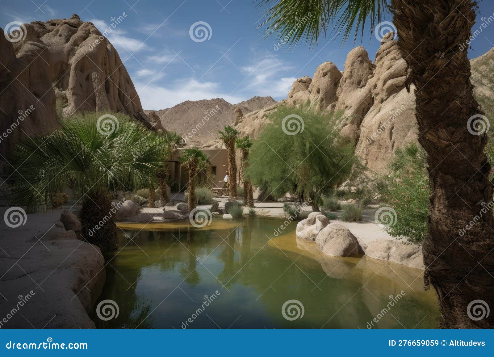 Desert Oasis Surrounded by Towering Rock Formations, with Majestic ...