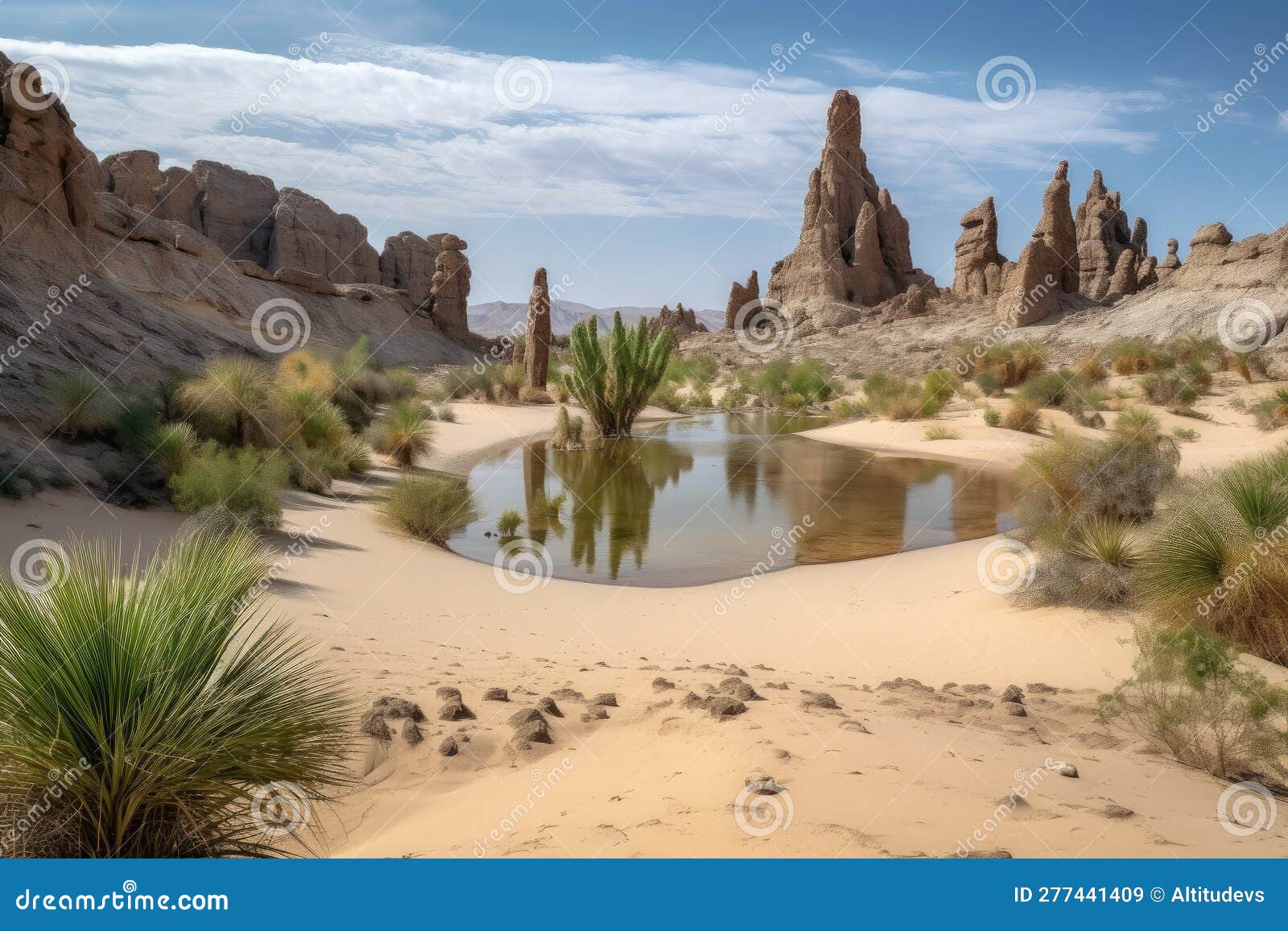 Desert Oasis, with View of Dunes and Towering Rock Formations in the ...
