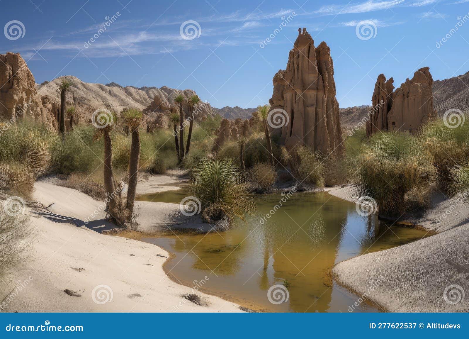 Desert Oasis, with View of Dunes and Towering Rock Formations in the ...