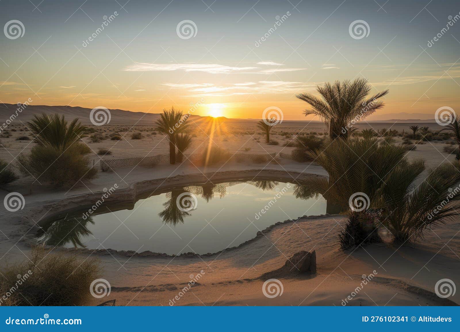 Desert Oasis with View of Rolling Sand Dunes, with the Sun Setting in ...