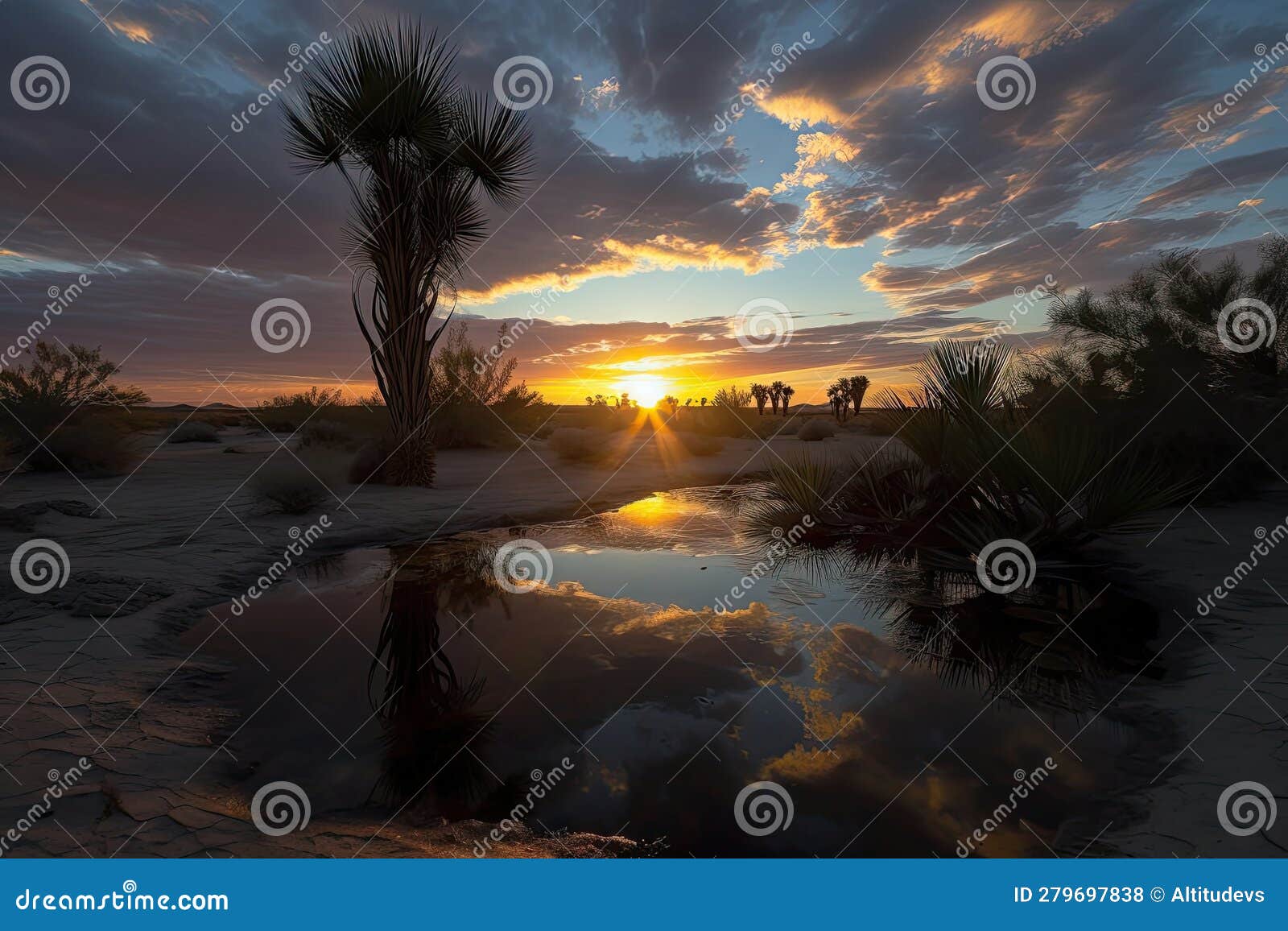 Desert Oasis, with View of the Sunrise, and Silhouettes of Passing ...
