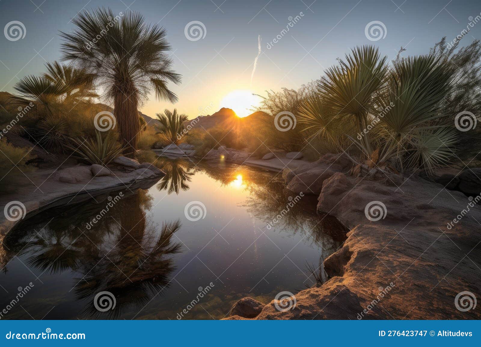 Desert Oasis, with View of Sunset and the Last Rays of Sunlight ...