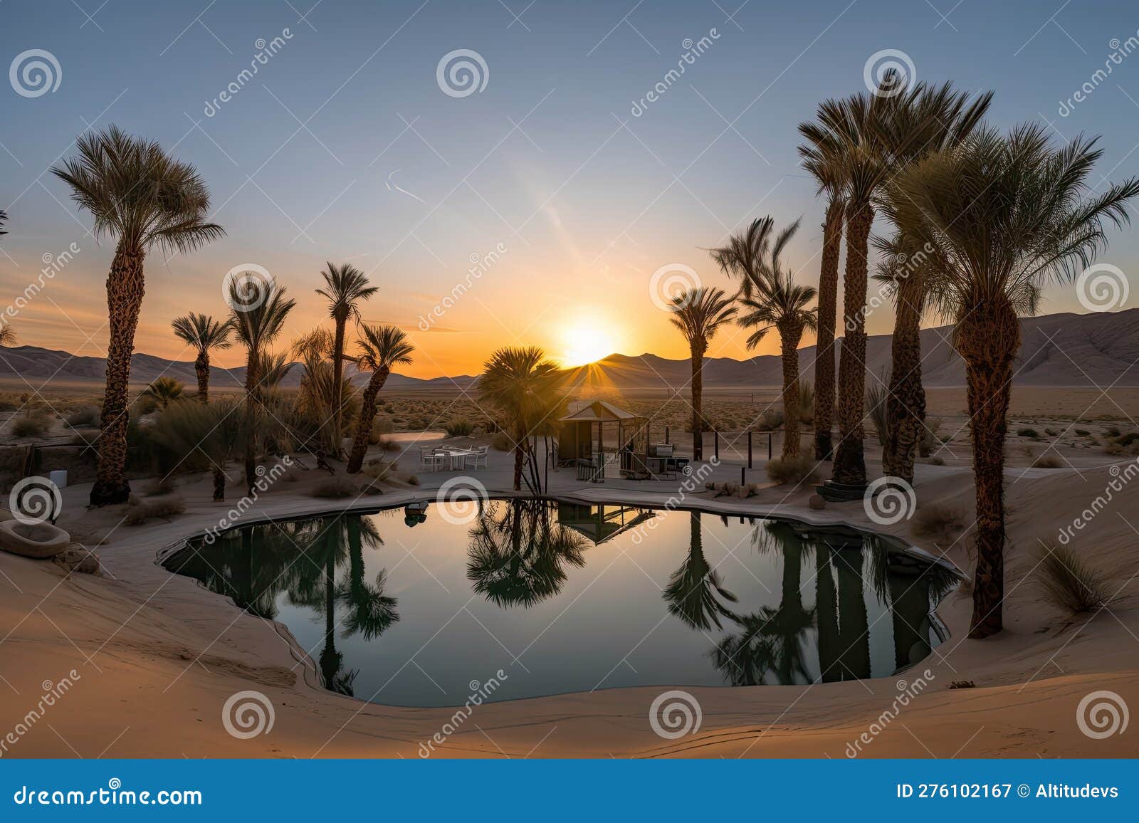 Desert Oasis, with a View of Towering Dunes and the Setting Sun Stock ...