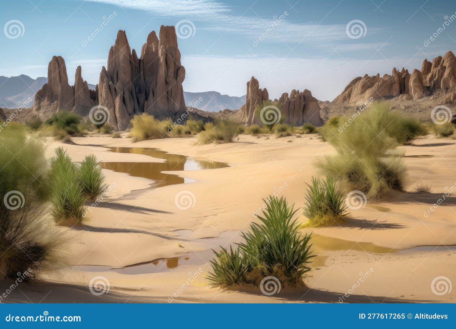 Desert Oasis, with View of Towering Rock Formations and Rolling Sand ...