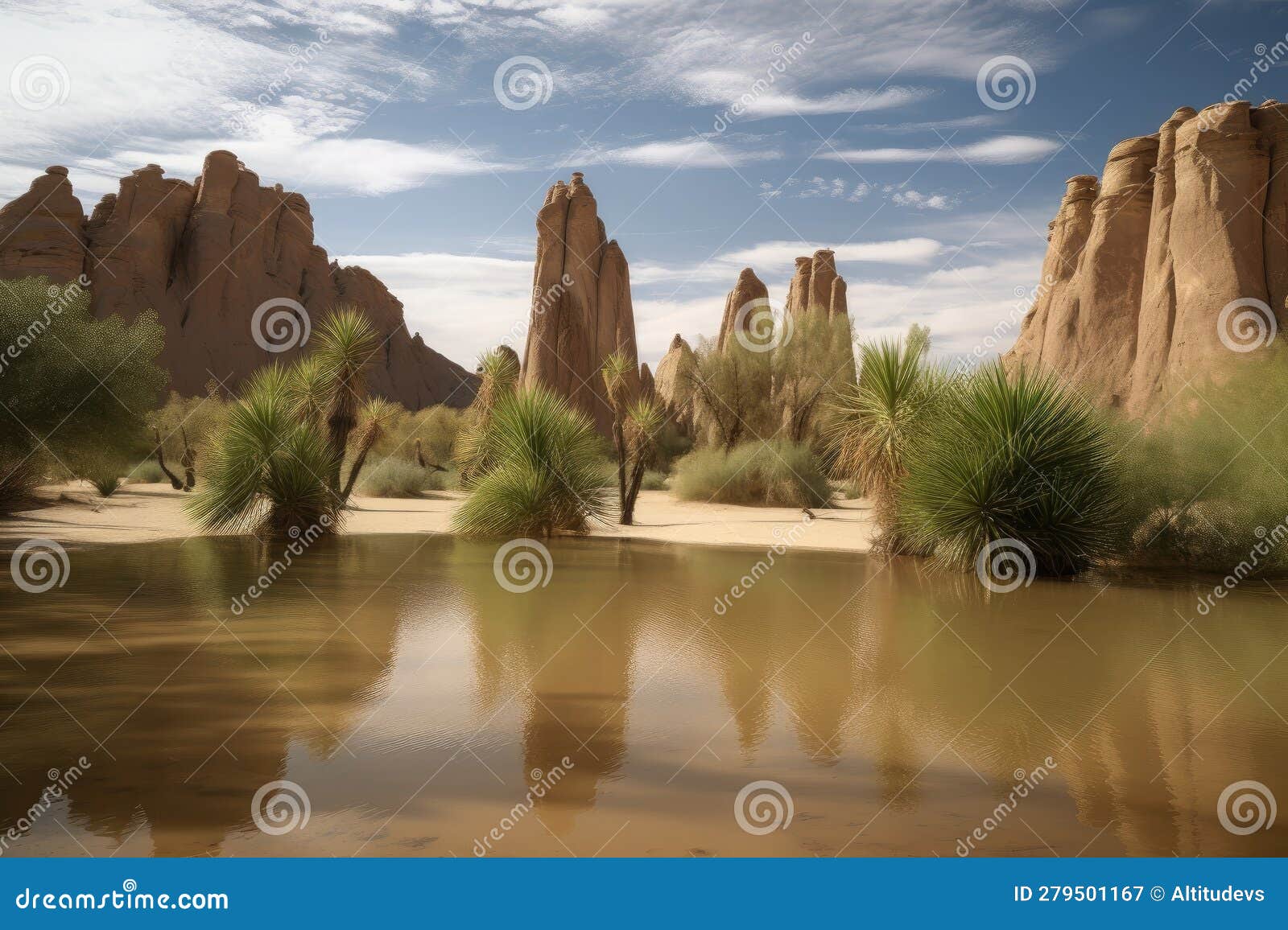Desert Oasis, with View of Towering Rock Formations and Rolling Sand ...