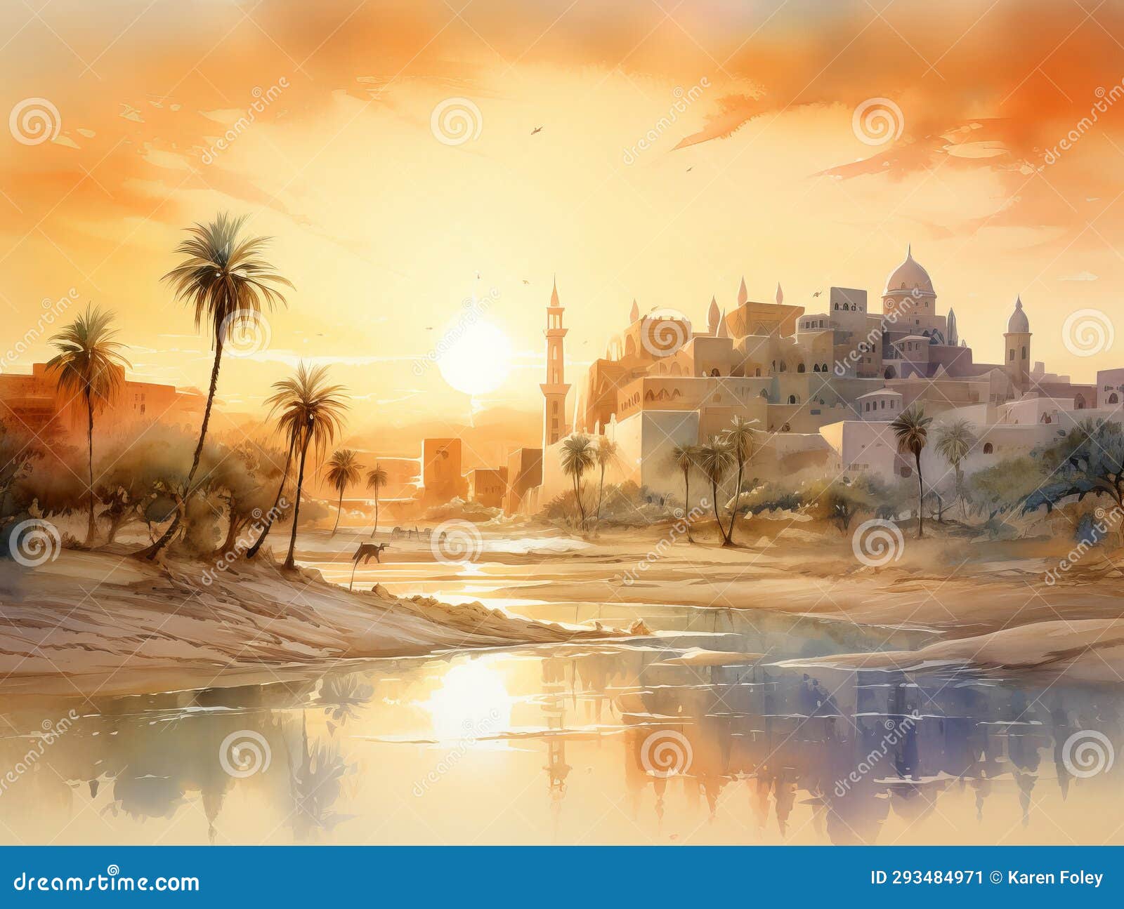 Desert oasis watercolor stock illustration. Illustration of remote ...