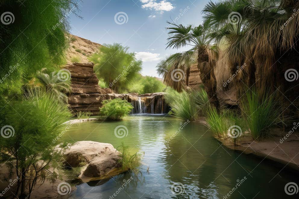 Desert Oasis with Waterfall and Lush Greenery in the Background Stock ...