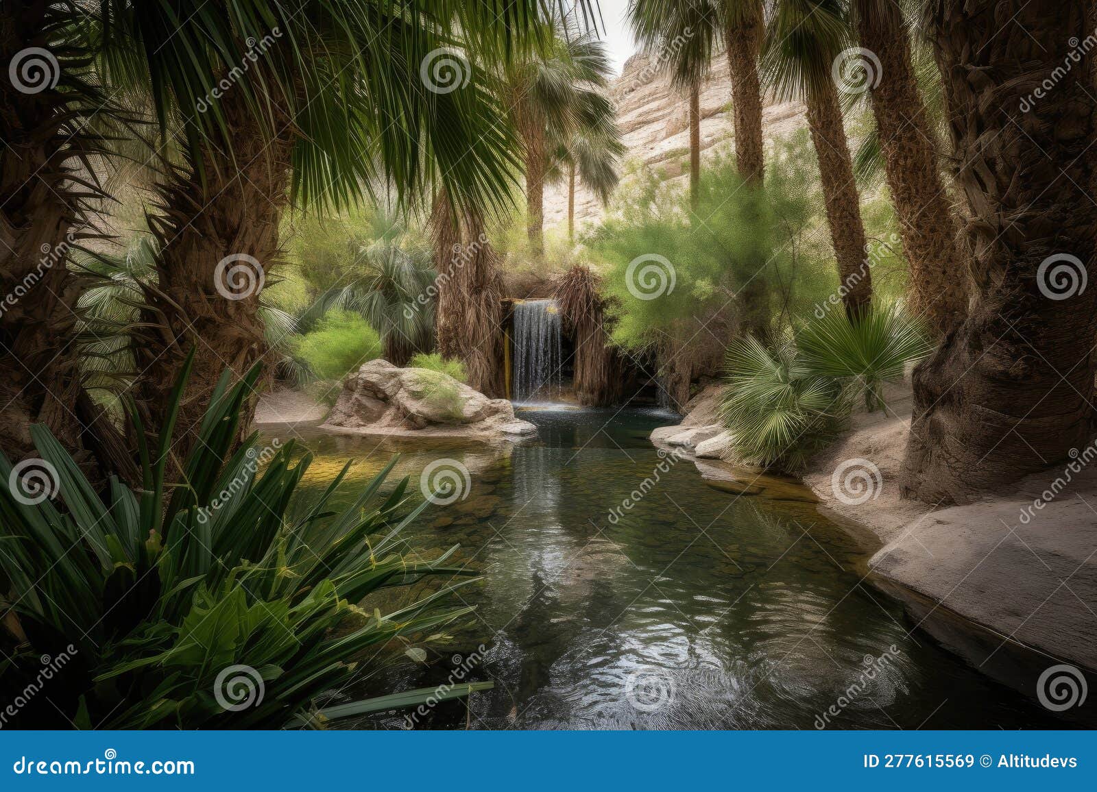 Desert Oasis with Waterfall, Surrounded by Greenery Stock Image - Image ...