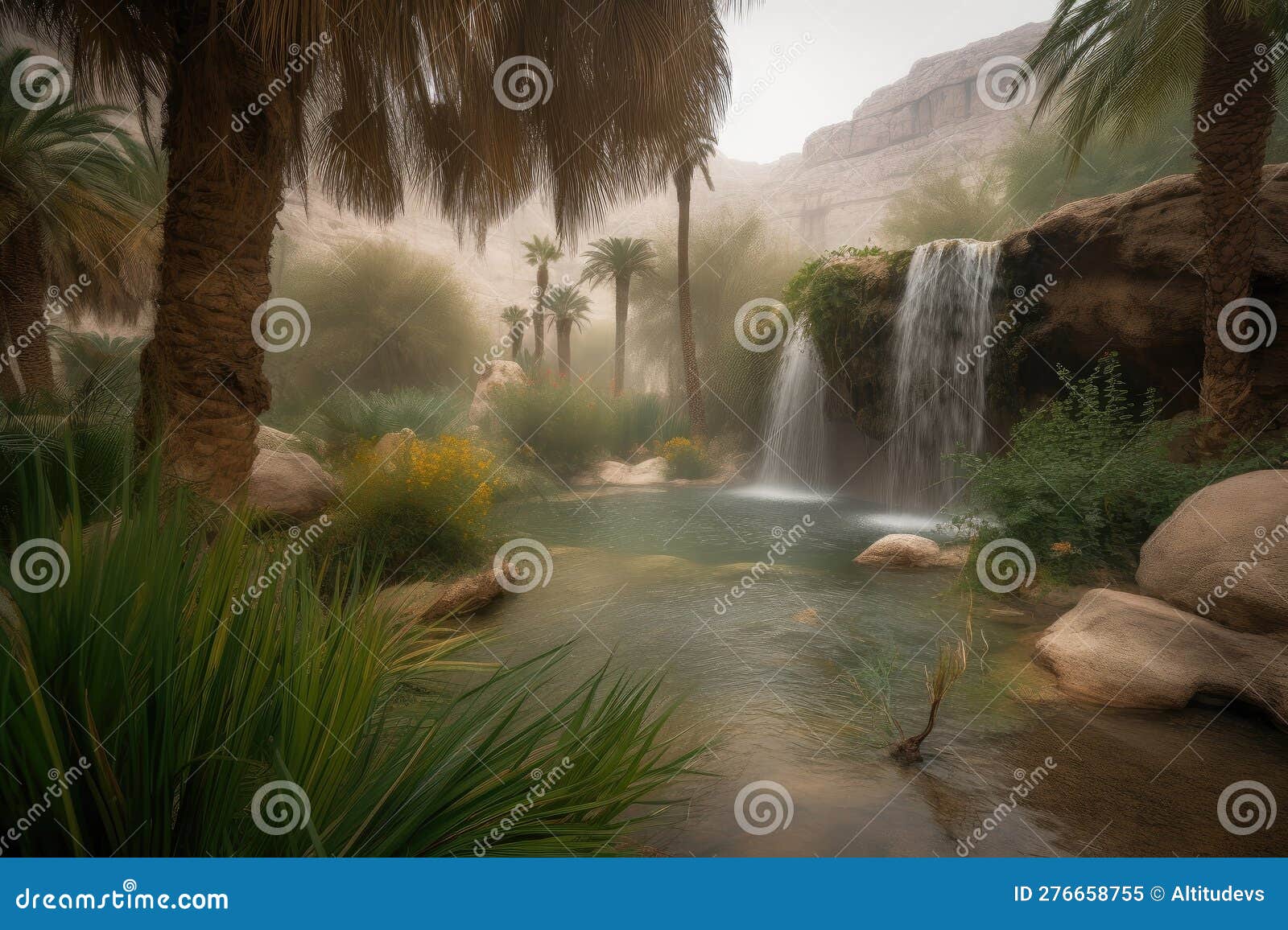 Desert Oasis with Waterfall, Surrounded by Misty Spray Stock Image ...